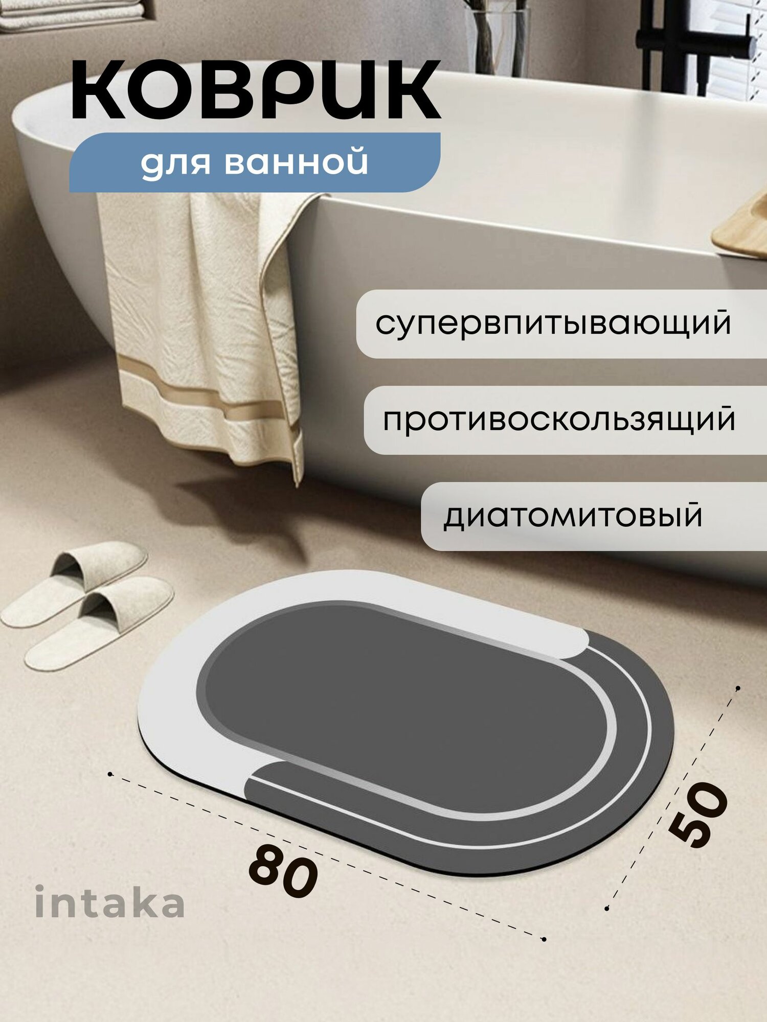 Коврик для ванной, резиновый, противоскользящий, быстросохнущий, впитывающий, серый