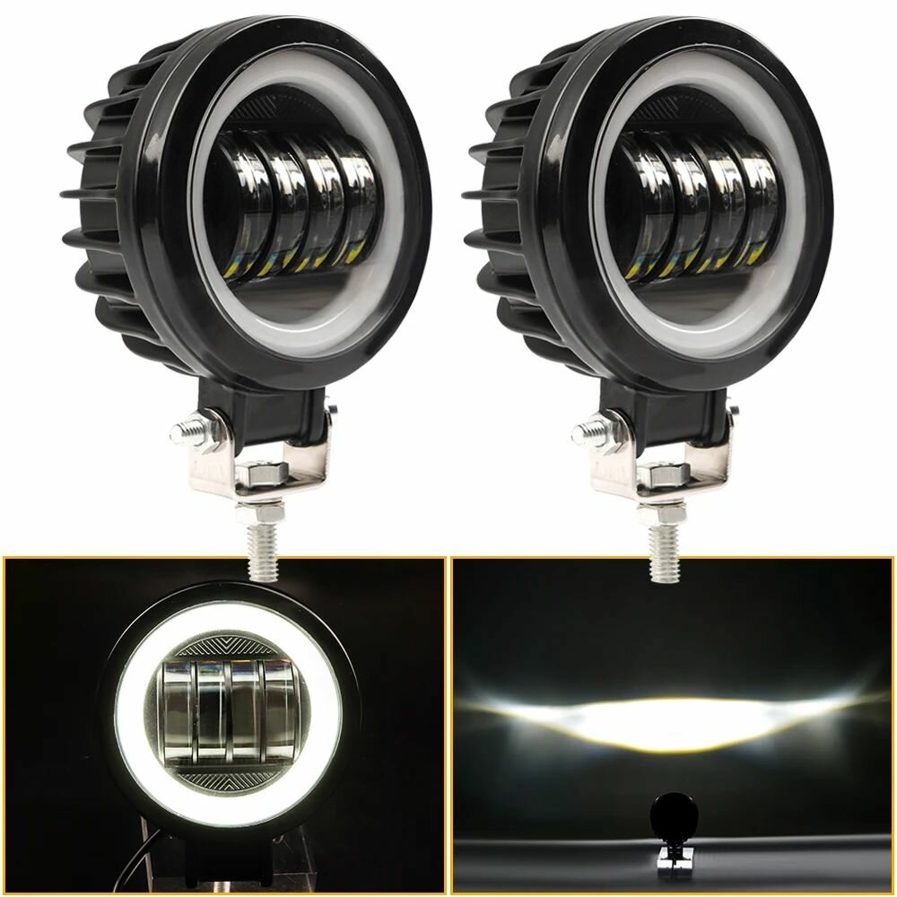 Круглая 4-линзовая LED фара 40Вт для авто/мото/внедорожников (ПТФ + кольцо ДХО, внешний монтаж)