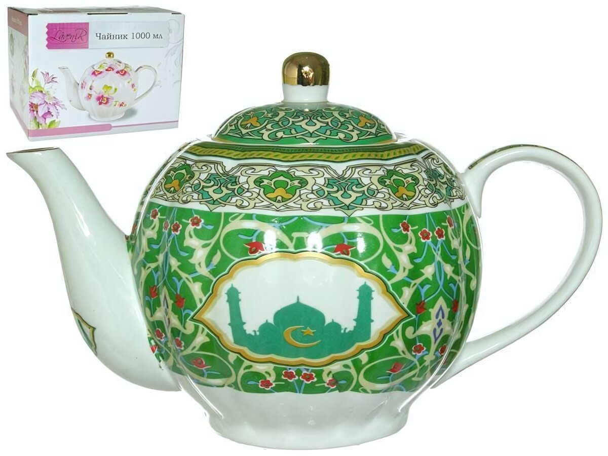 Чайник заварочный 1л, фарфор, белый/зеленый орнамент, 'Религия'