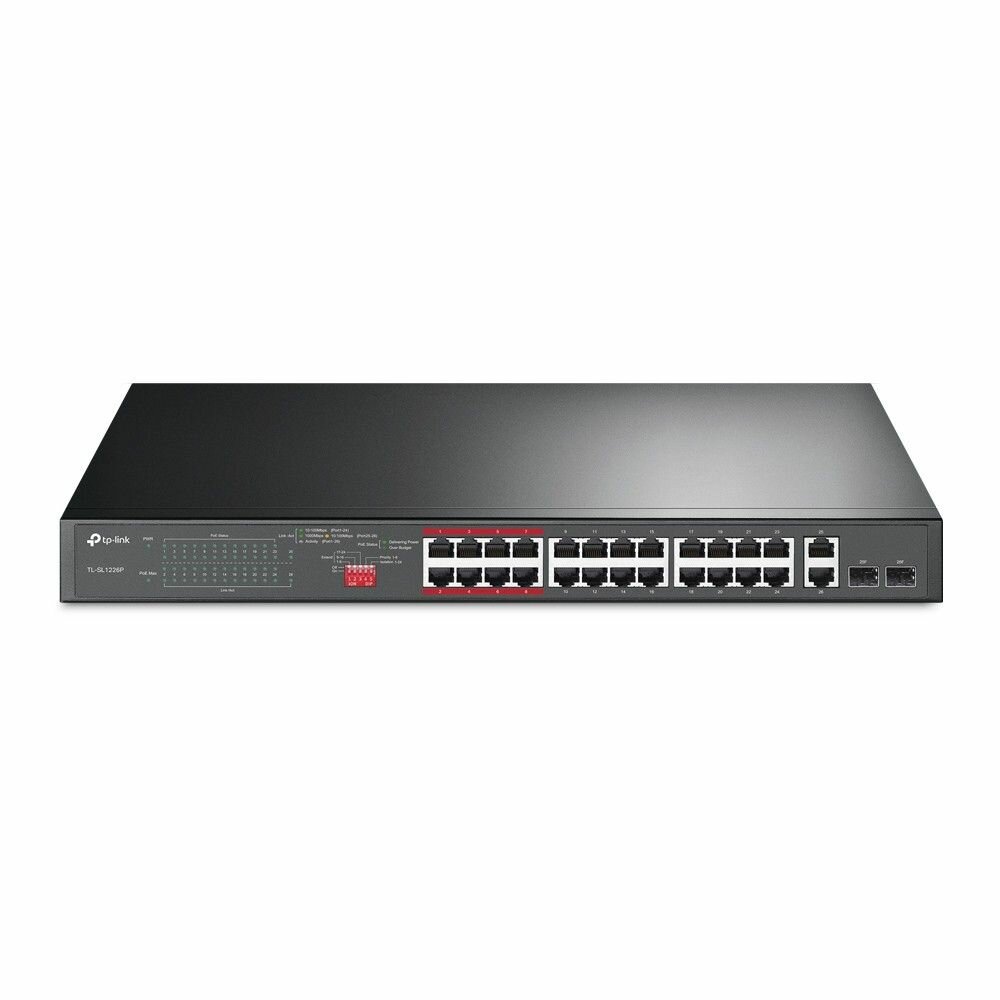 Коммутатор TP-Link TL-SL1226P неуправляемый, 24xRJ45+PoE+ 100Мбит/с, 2xRJ45 1Гбит/с, 2xSFP
