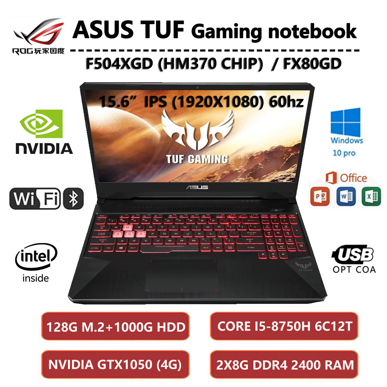 Подержанный ноутбук 15.6" ASUS tuf gaming F504XGD fx80GD ( CORE i7-8750H 4C4T+2X8GB DDR4 2400 RAM+128G M.2 NVME SSD+1000G HDD+NVIDIA GTX1050TI 4G+Intel UHD 620 Видеокарта+1920X1080 IPS 4K) Win 10 pro