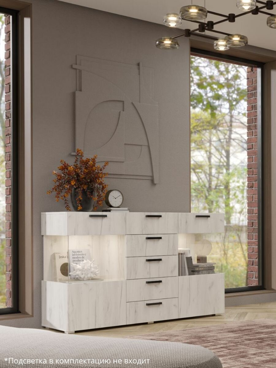 Комод МИФ Алтея ЛДСП/Стекло 1500х920х442, Дуб Крафт Белый