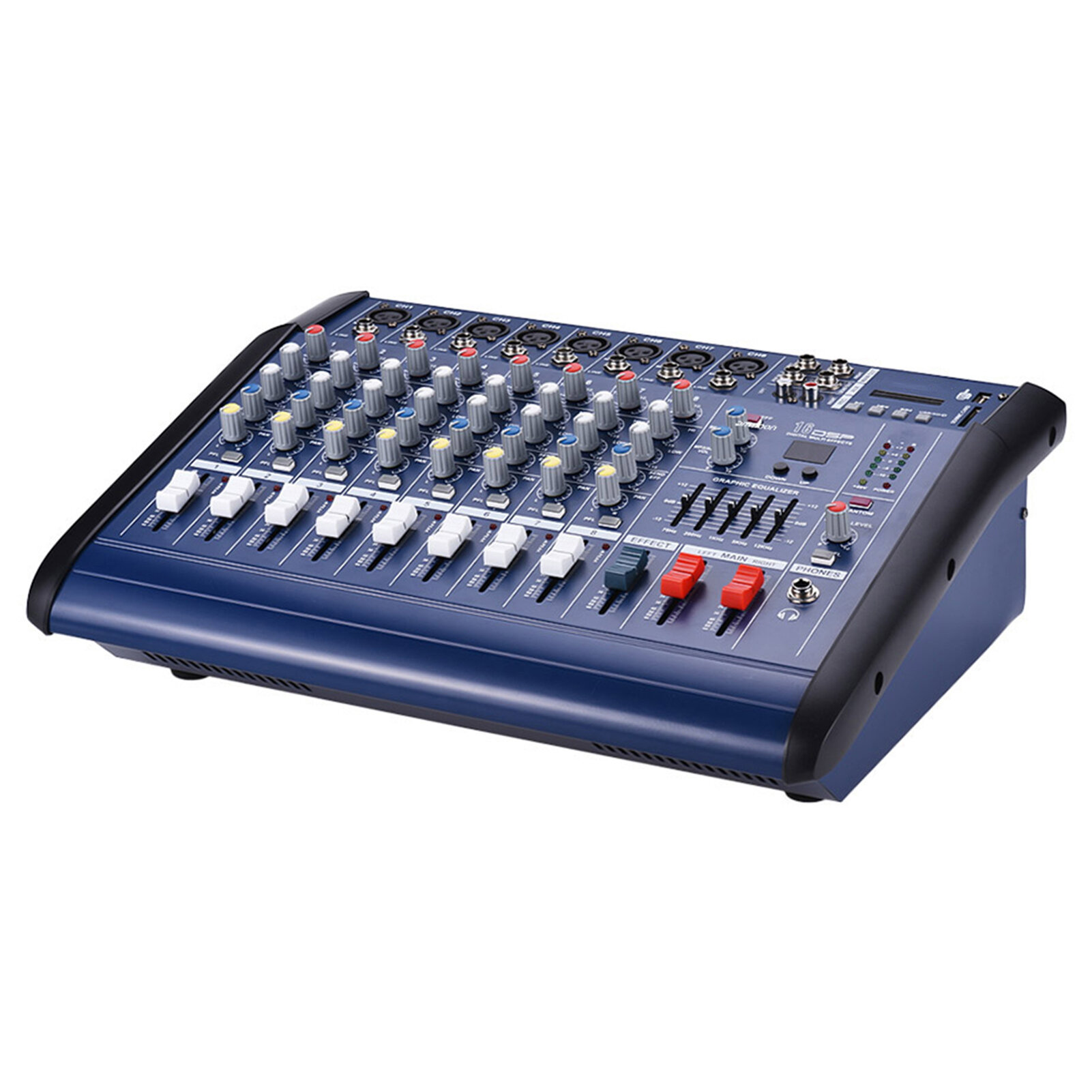 8 Channels Powered Mixer Amplifier Digital Audio Mixing Console Amp с 48V Phantom Power USB/SD Slot для записи DJ Stage Karaoke, темно-синий, металл, адаптер питания EU, размер 41*31*13cm, вес 6.7kg, упаковка 46*36*18.5cm, вес упаковки 7.5kg
