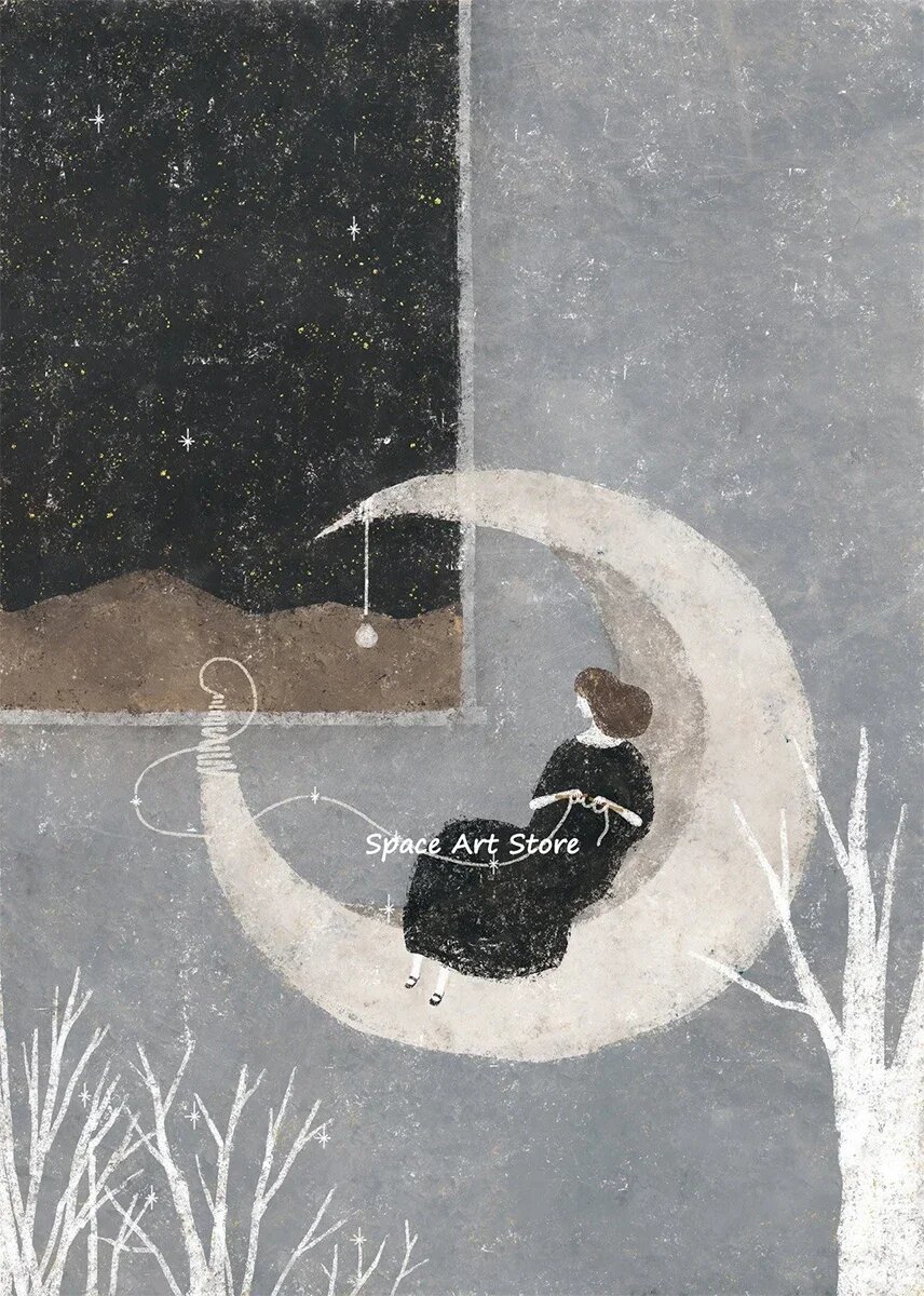 Картина Akira Kusaka "Девушка под луной" на холсте