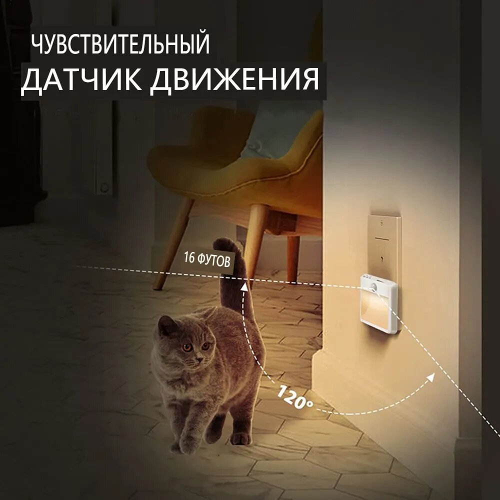 Ночник с датчиком движения для розетки, светодиодный светильник для спальни, белый, пластик ABS, 0.9 Вт — фото 1