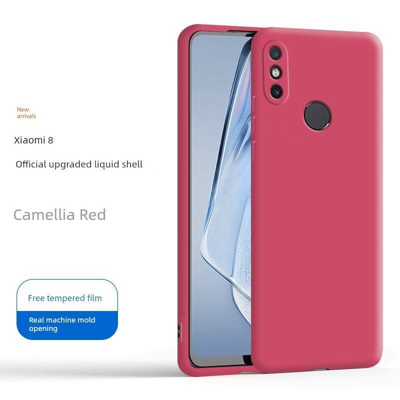 Жидкий силиконовый чехол с закаленным стеклом для Xiaomi 8, Розовый камелия, Полная защита экрана, Защита от падений