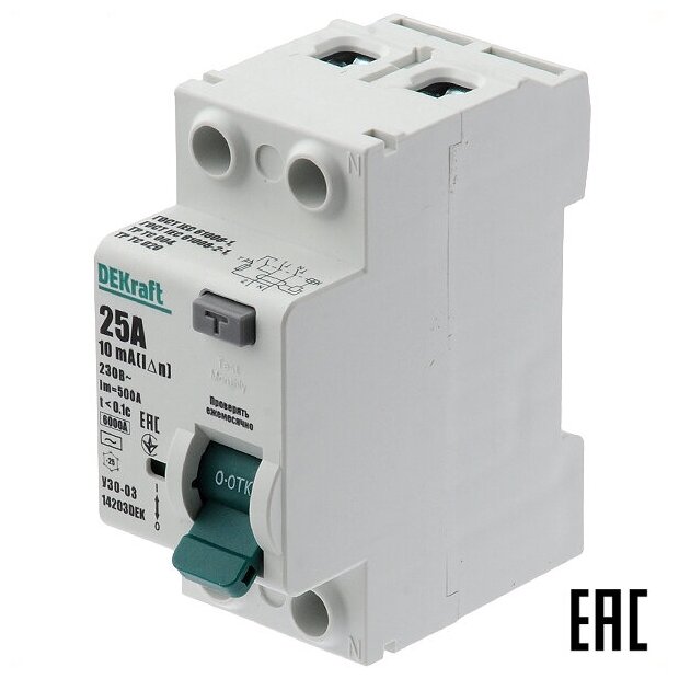Устройство защитного отключения DEKraft УЗО-03new 14203DEK (тип АС) 25А-10мА 230В 2P