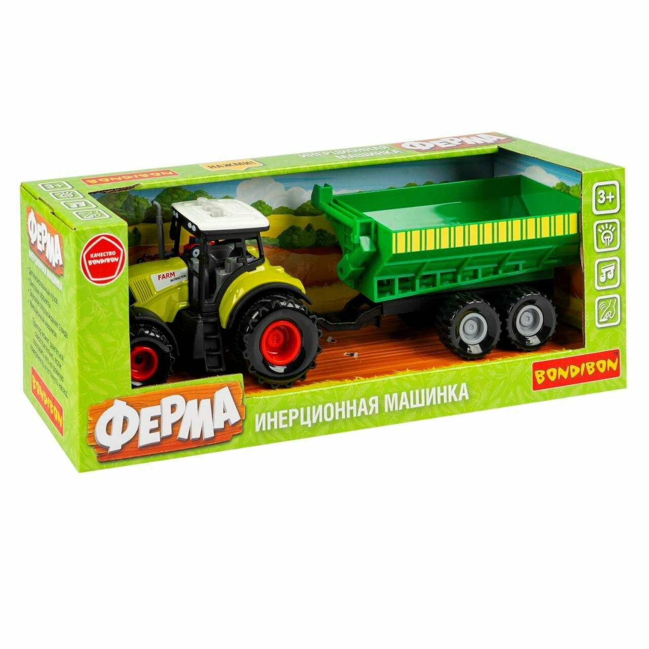 Инерционная машинка "Сельское хозяйство" Bondibon, трактор с прицепом, зелёная, звук и свет