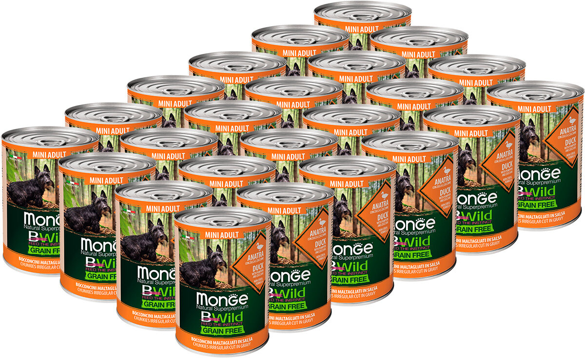 Корм влажный Monge Bwild Adult Dog Mini Grain Free беззерновые для взрослых собак маленьких пород с уткой, тыквой и кабачками, 400 г 24 шт