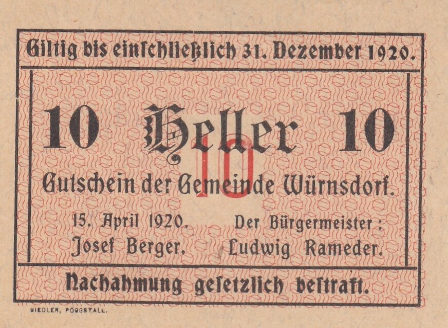 Австрия, Вюрнсдорф 10 геллеров 1920 г.