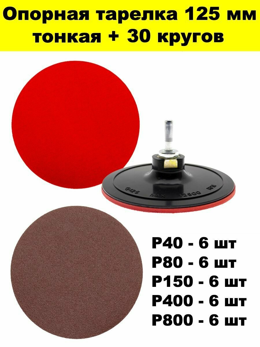 Круги шлифовальные на липучке 125мм 30 шт Р40, Р80, Р150, Р400, Р800 + тонкая насадка на болгарку и дрель, тарелка опорная с липучкой