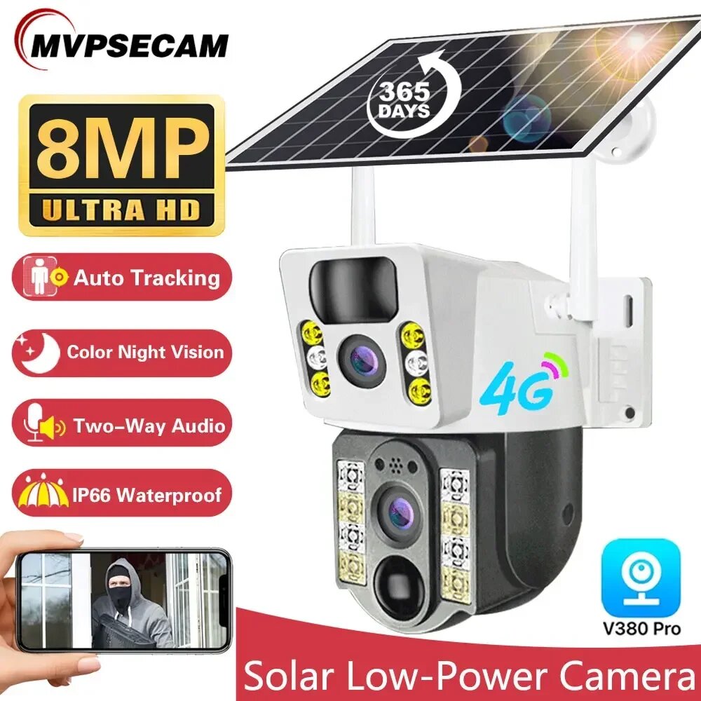 Уличная Двойная камера 4G LTE, с микрофоном, ночной съемкой, датчик движения, на солнечных батареях, AI с обнаружением