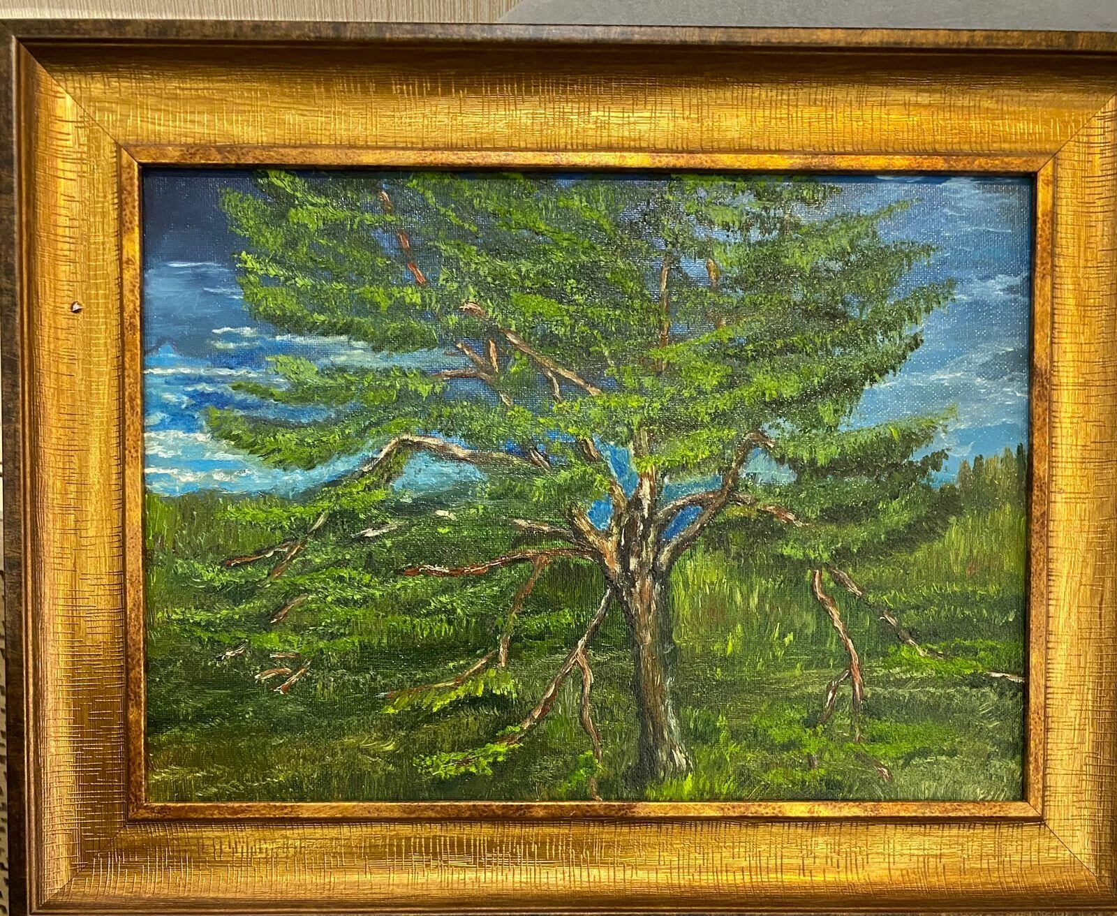 Картина в раме. Миляева Нина "Сосна", картон, масло, 25x35. Авторская живопись.
