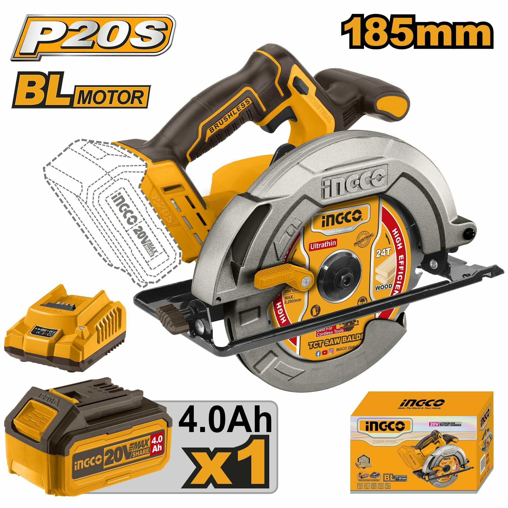 Циркулярная пила аккумуляторная BL 20В 185мм. 1хАКБ 4Ач и ЗУ SUPER INGCO INDUSTRIAL