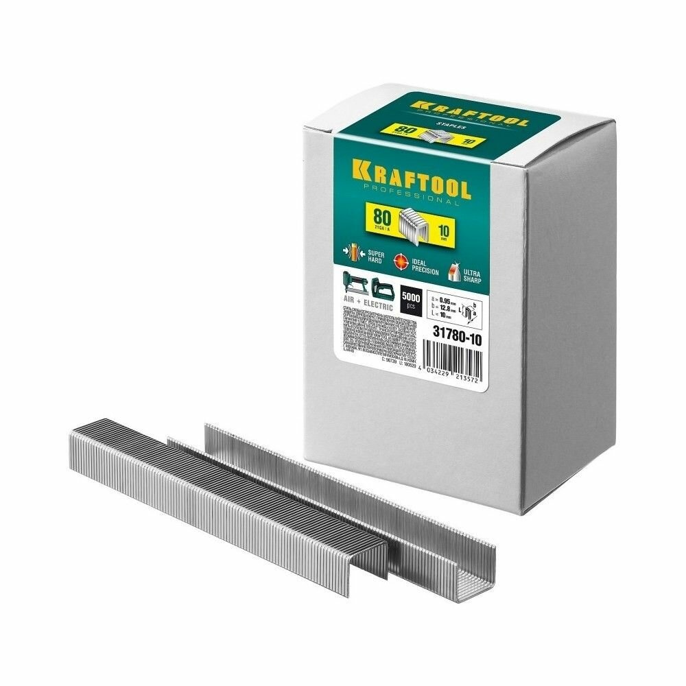 KRAFTOOL 10 мм скобы для степлера тонкие широкие тип 80 (ВеА 80 / Prebena A / Senco AT), 5000 шт, супертвердые, 31780-10