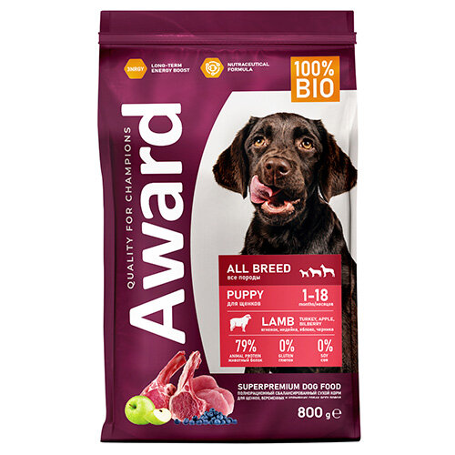 От 1 месяца, беременных и кормящих собак всех пород Ягненок индейка яблоко черника 800 г сухой корм авард для щенков