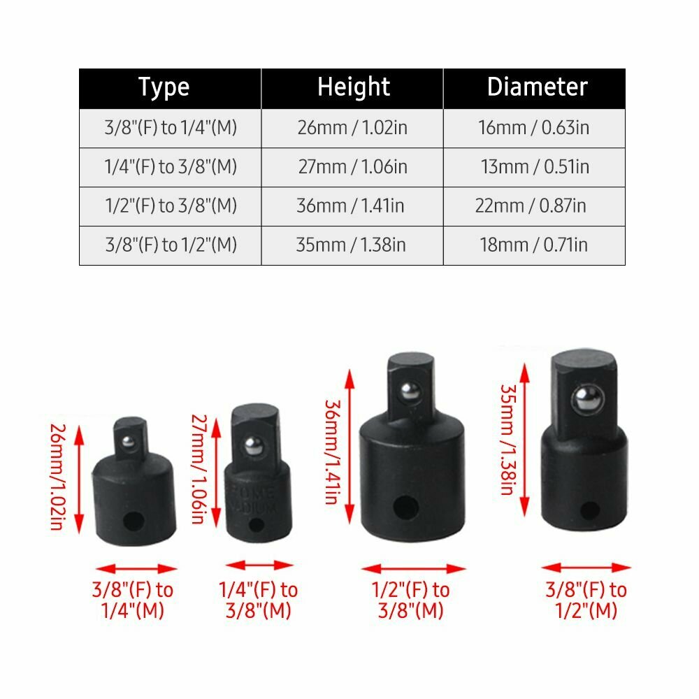 Набор переходников для розеток из 4 предметов 1/4-Дюймовый 3/8-Дюймовый 1/2-Дюймовый редукционный разъем черного цвета