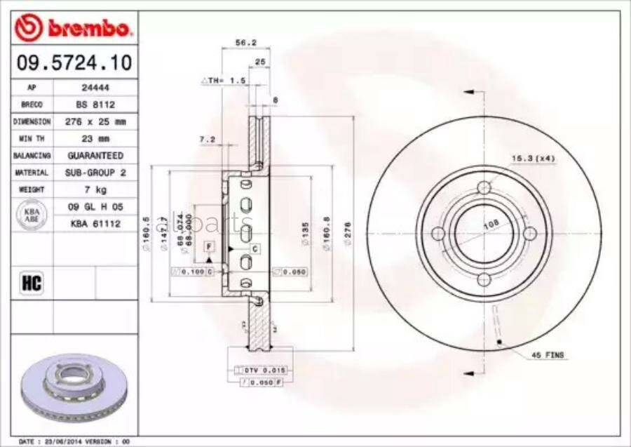 BREMBO 09.5724.10 Диск тормозной передн AUDI: 80 91-94, 80 Avant 91-96, CABRIOLET 92-00, COUPE 88-96