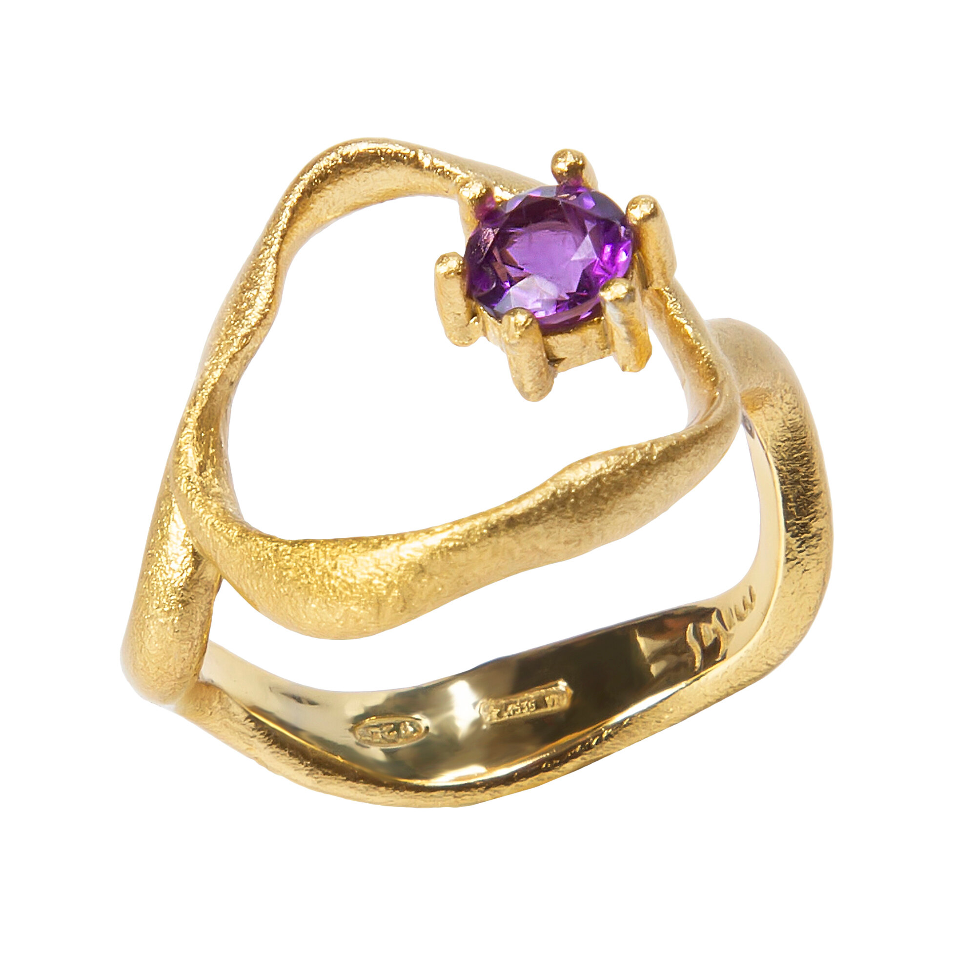 Кольцо тонкое, серебро, 925 проба, золочение, аметист