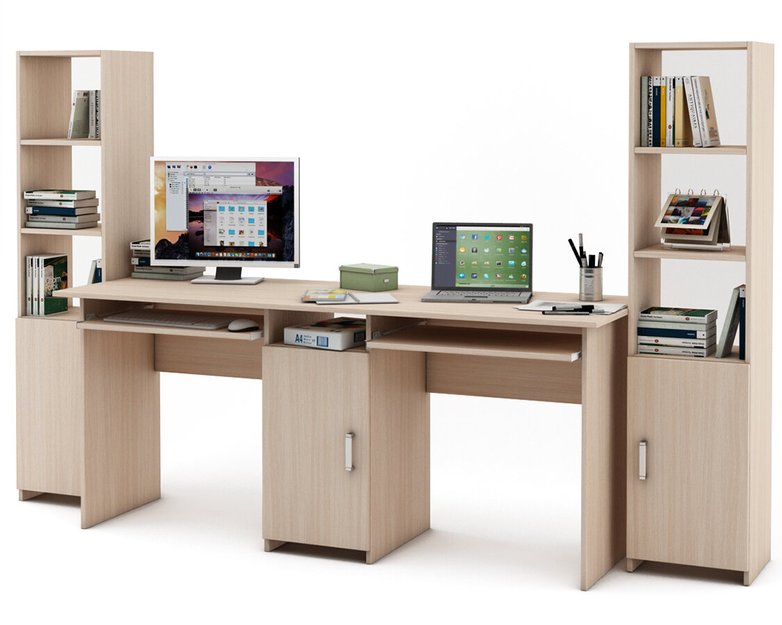 Стол письменный для школьника Лайт (Ньюкасл) 10К письменный стол и два стеллажа, для двоих, полки для клавиатуры