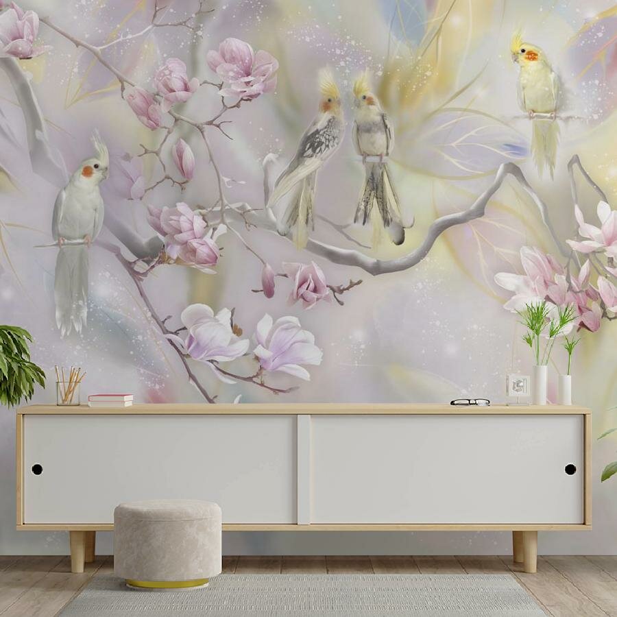 Фотообои Попугайчики корелла на сакуре 13-886-S-Флок 270 x 200 см (ВхШ) Бесшовные, флизелиновые, влагостойкие обои