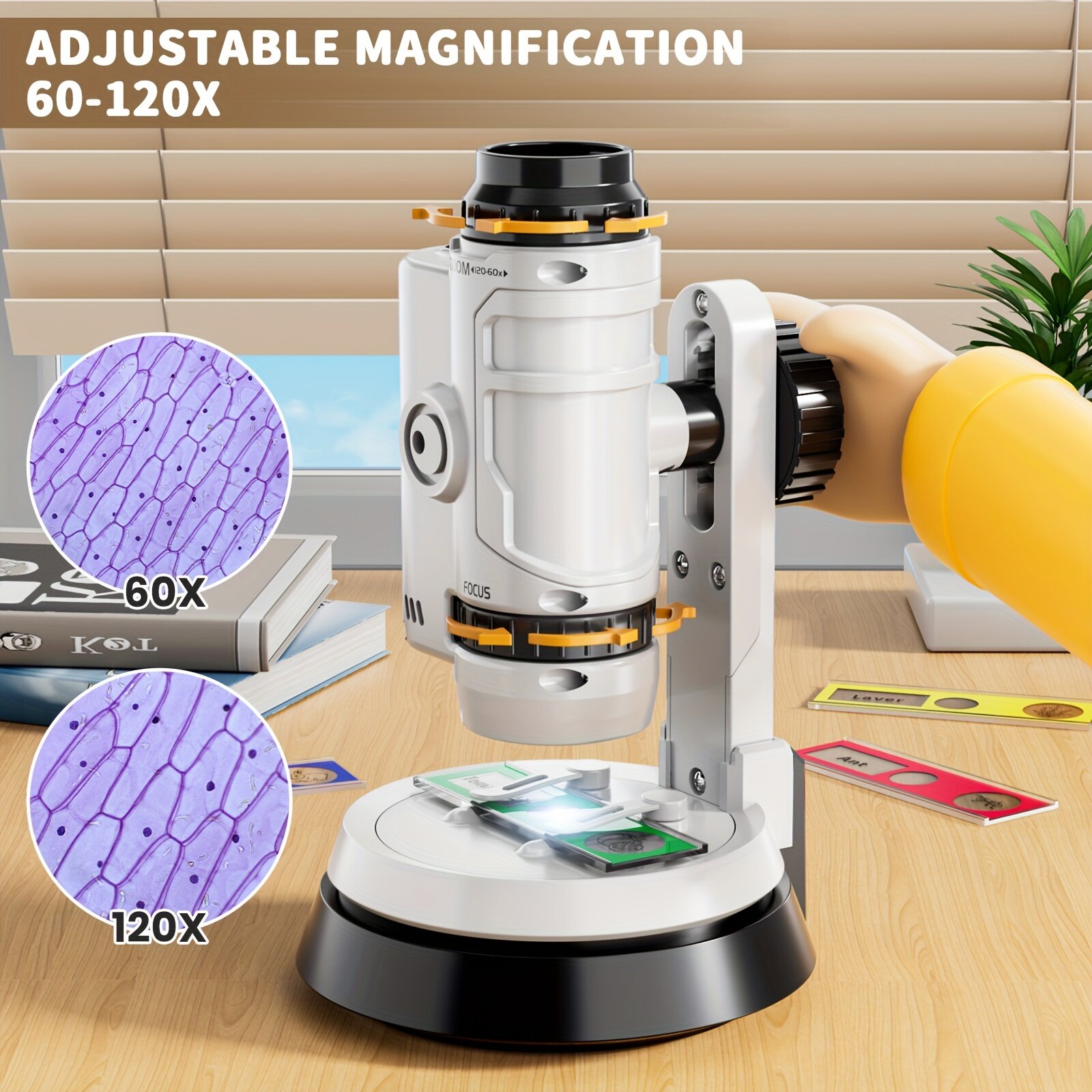 Микроскоп для детей, набор для начинающих с ручным микроскопом 60X–120X и 20 слайдами, набор для научных экспериментов, STEM-проект, игрушка для мальчиков и девочек 3–5, 5–7, 8–12 лет, подарок на день рождения