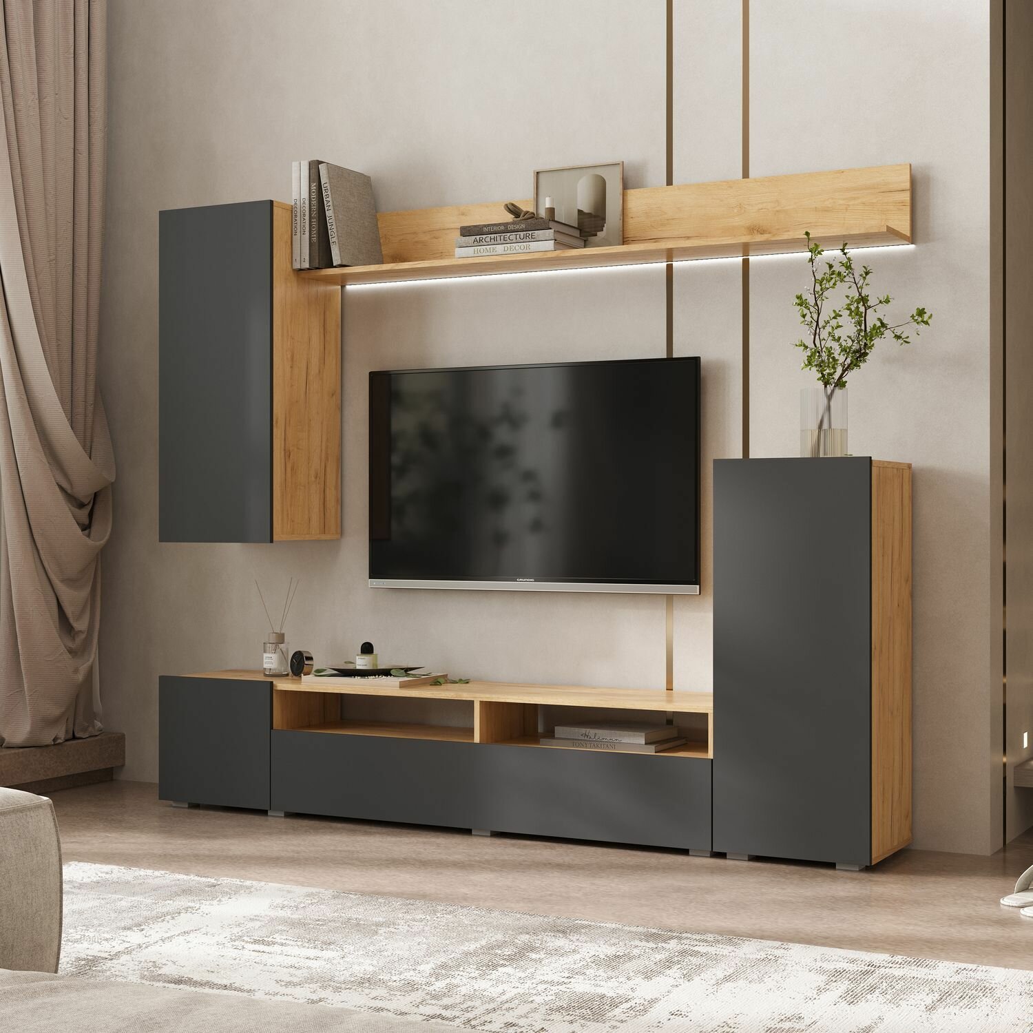 Гостиная стенка Верона, мебель под телевизор с шкафчиками полками и дверцей, 140х181×35 см, Графит / Дуб крафт золотой