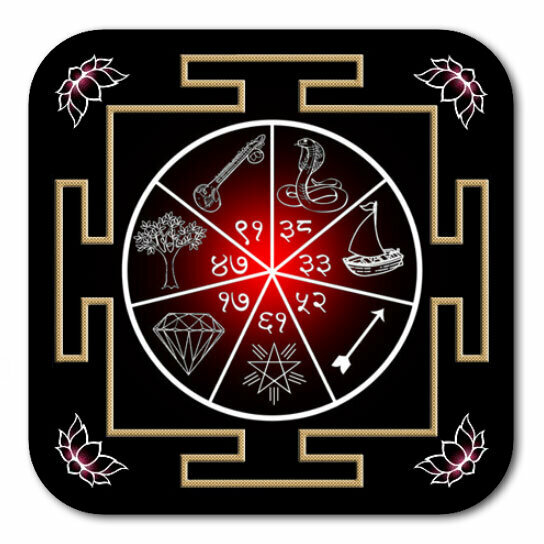 YAN126 карья сиддхи янтра, на черном фоне (металл, цветная печать, размер 5,2*5,2 см.), 1 шт.