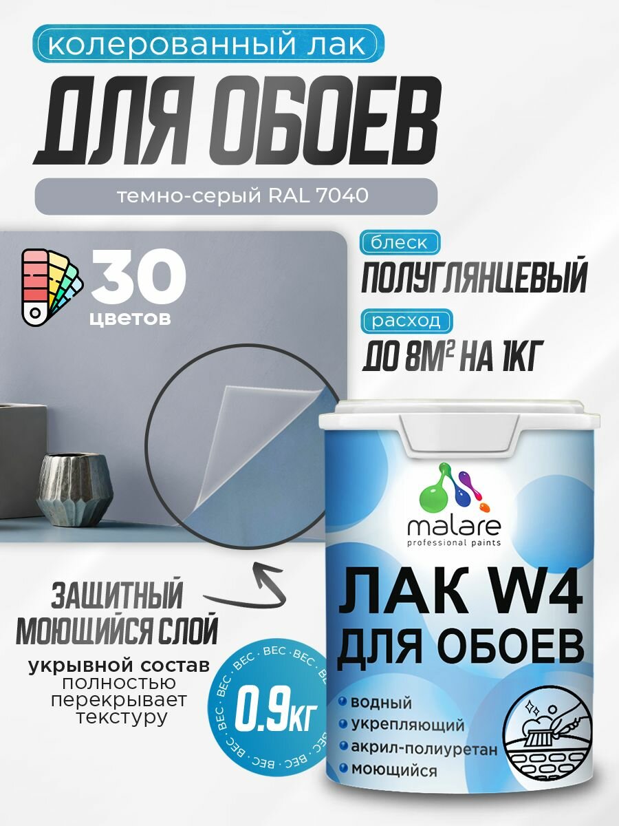 Лак колерованный укрывной для защиты обоев Malare W4 универсальный для дерева и минеральных поверхностей, водный без запаха быстросохнущий, полуглянцевый RAL 7040 темно-серый, 0.9 кг.