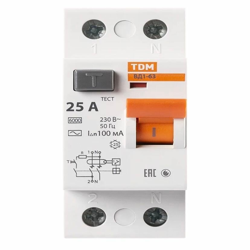 TDM Electric Автоматический выключатель Y30 BД1-63 2P 25A 100mA 4.5kA AC SQ0203-0005