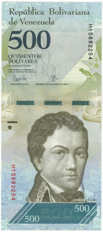 Купюра. Венесуэла. 500 боливаров. 2017 год. ПРЕСС. Без оборота.