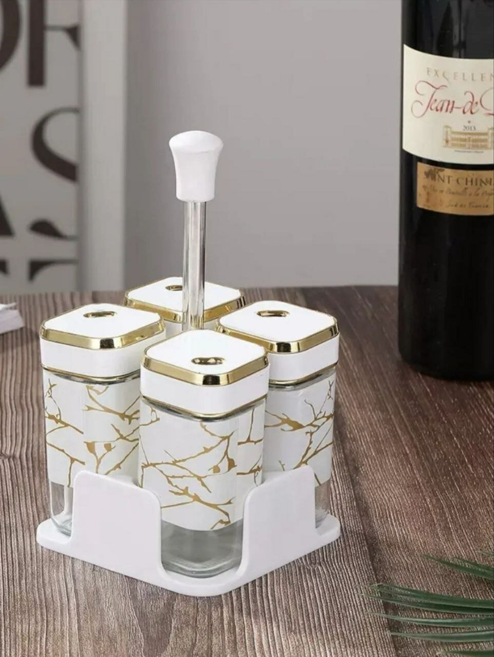 Набор баночек для специй и приправ на подставке "Белый мрамор", 4 штуки