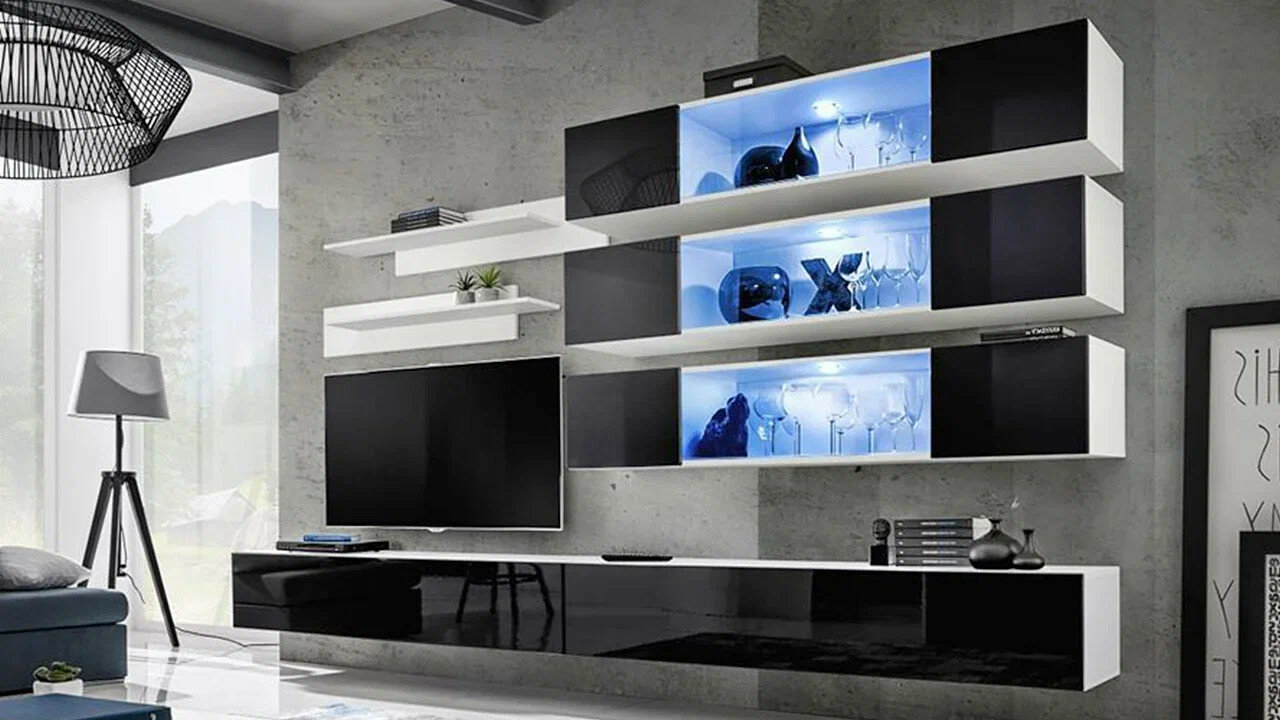 Гостиная 6 МДФ (черная) / Белый Фасадный 0101 NEW 320x40x180 см, черный, белый фасадный GOODFORM