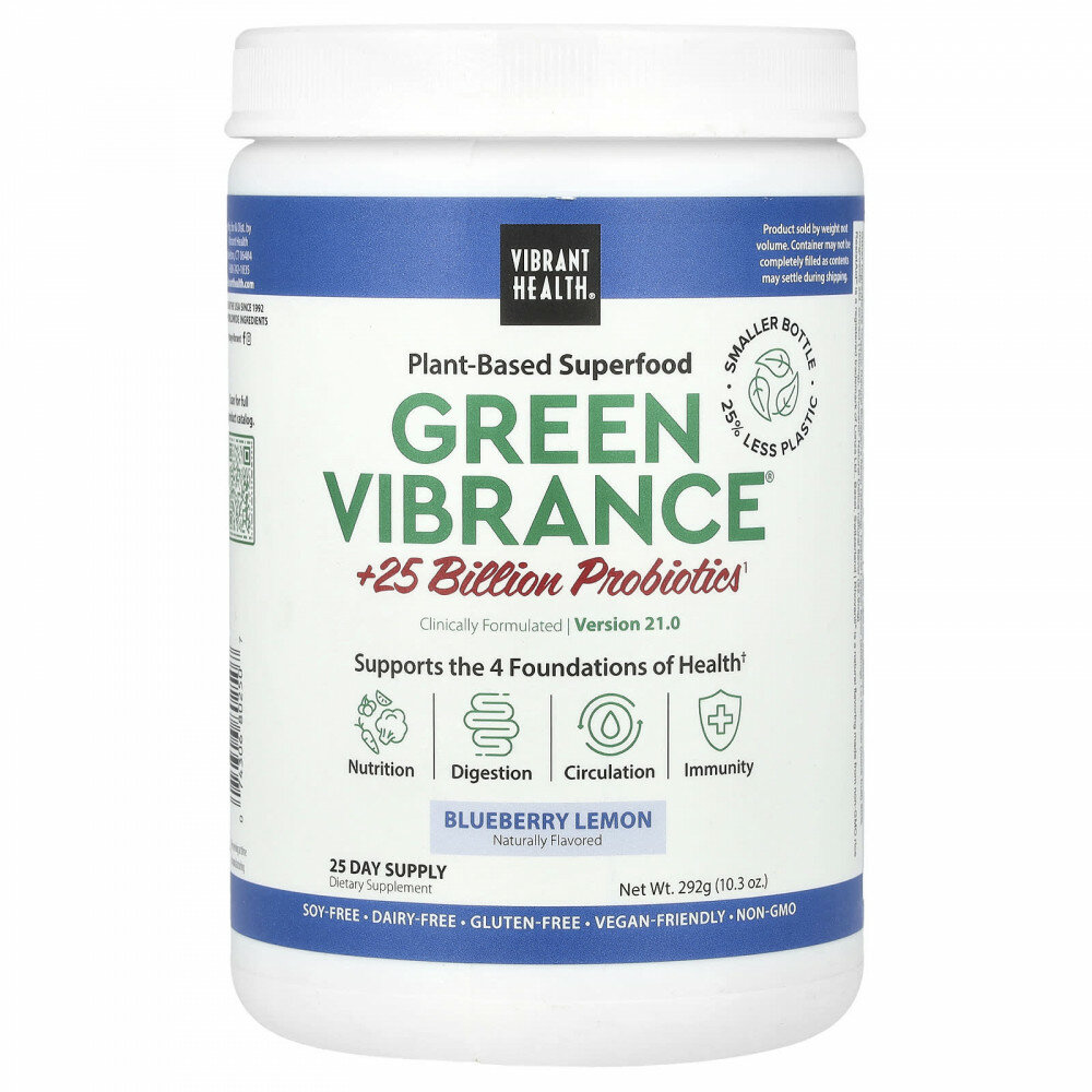 Vibrant Health, Green Vibrance® +25 млрд пробиотиков, версия 21.0, со вкусом голубики и лимона, 292 г (10,3 унции)