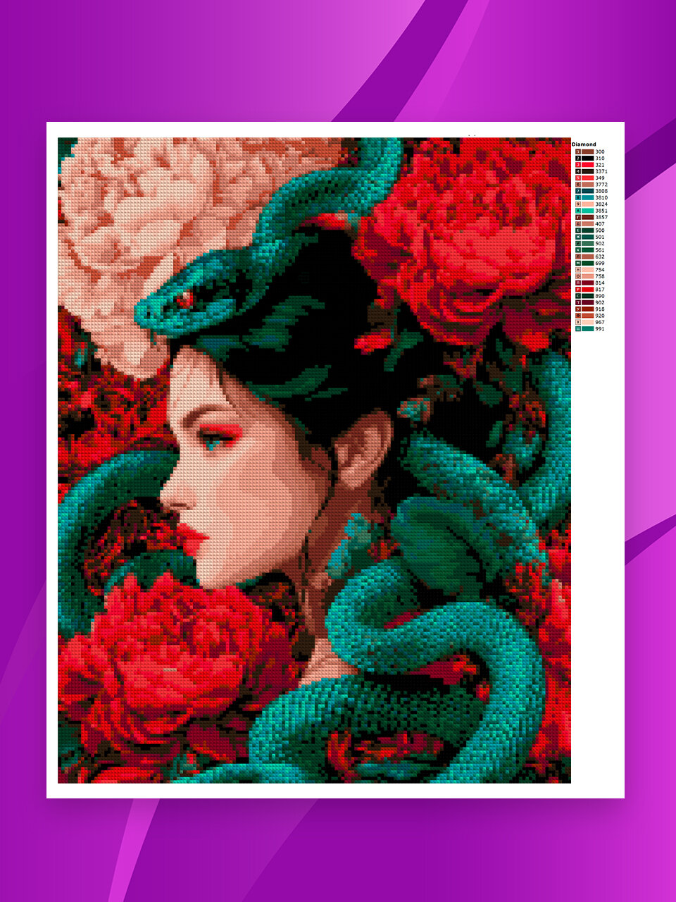 Алмазная мозаика без подрамника - вышивка Девушка со змеями в пионах 40 х 50 см