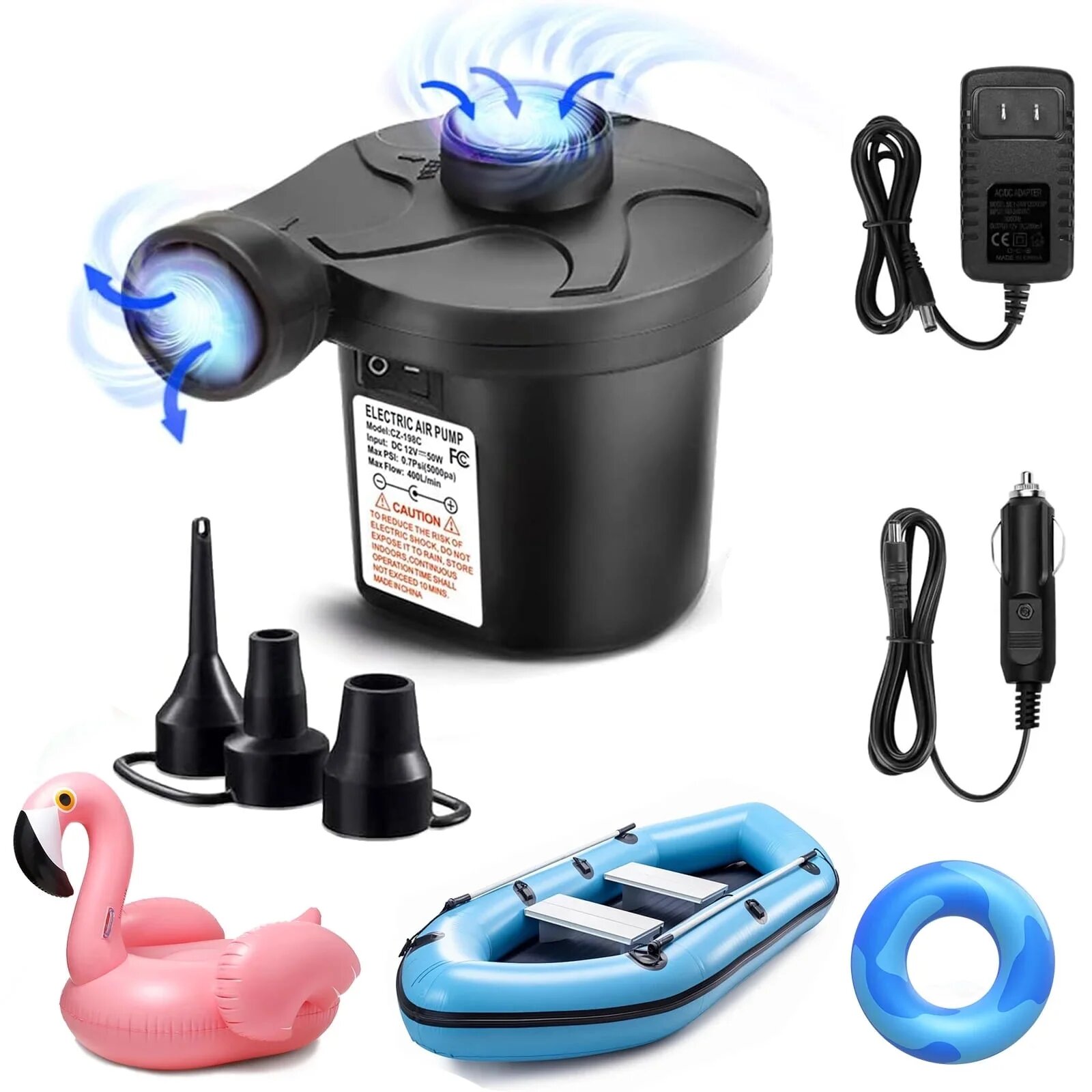 Электрический воздушный насос, быстрозаполняемый насос/дефлятор с 3 насадками, 100 В 50 Вт с адаптером для автомобильной розетки, для надувных матрасов, надувной кровати, надувной поплавок для бассейна, черный