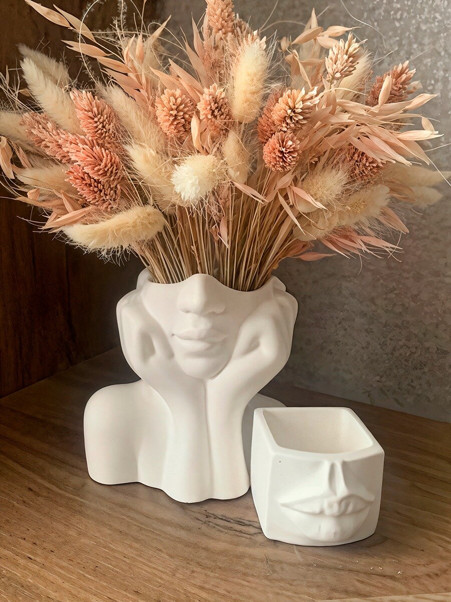 Кашпо из гипса для цветов голова декоративное девушка с руками Мечтательница мини / Кашпо из гипса белое для мха