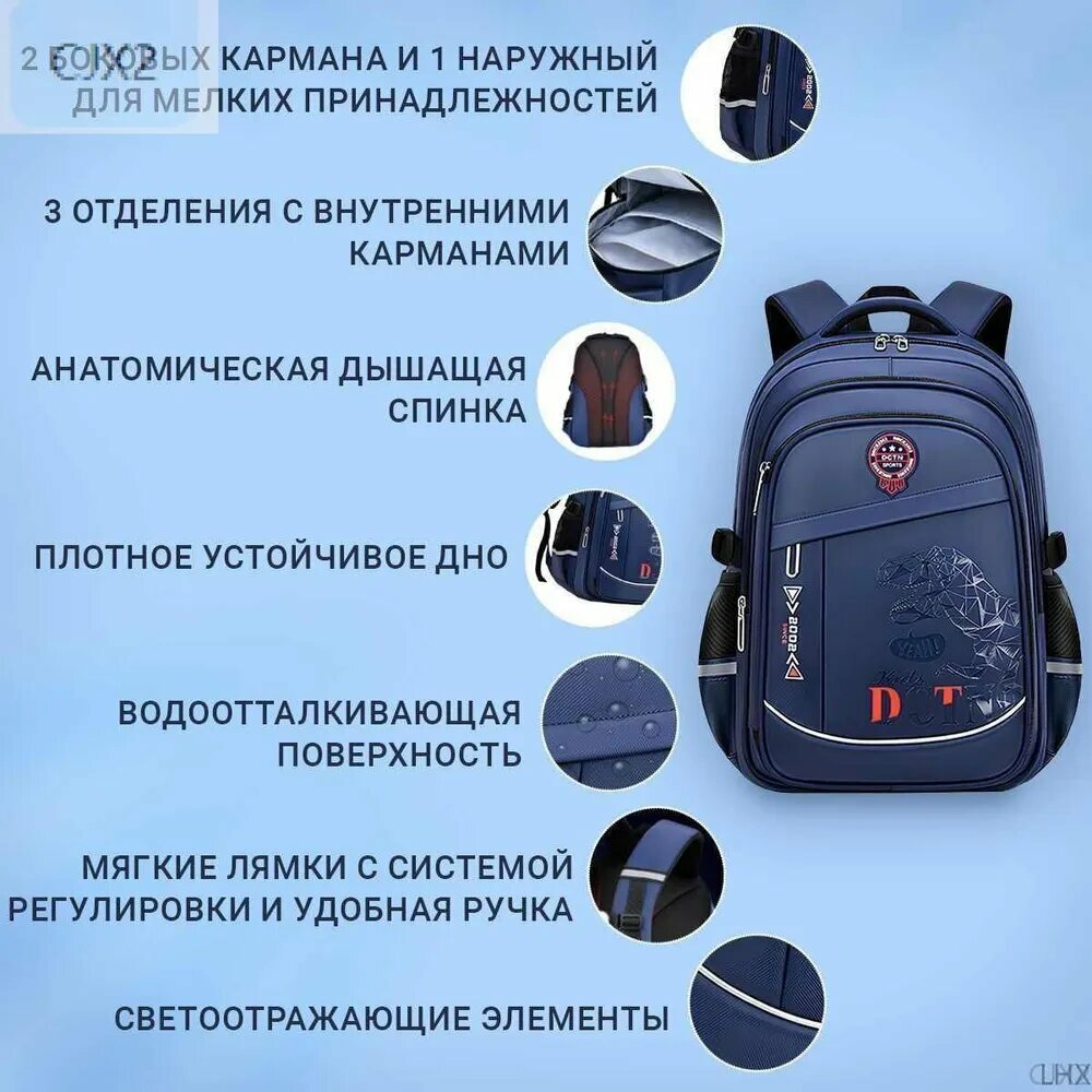 Ранец анатомический для школьника, рюкзак, портфель для первоклассника, цвет синий с динозавром с красными буквами, размер 41х30х16 см, 20-35 л-CJX2-LHX