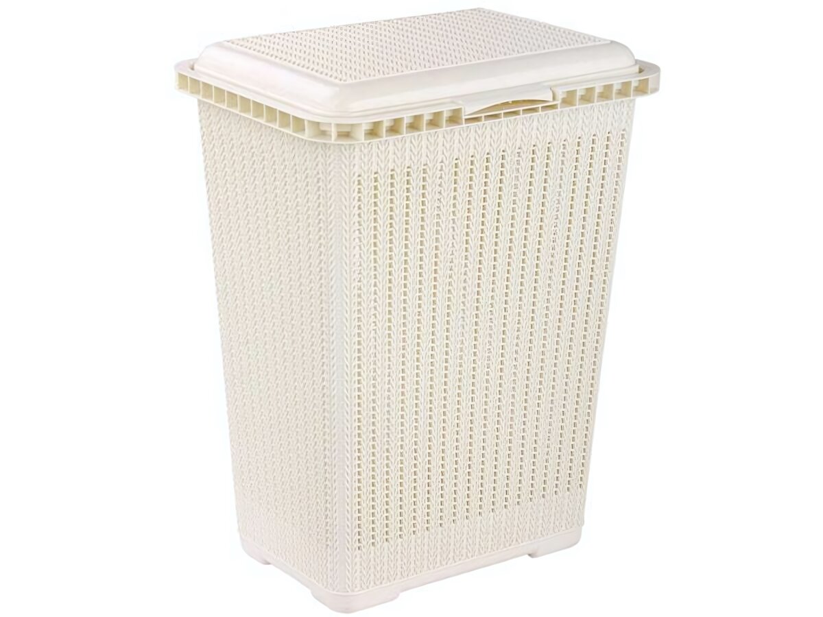 Корзина для белья 25л Вязаное плетение бежевый пластик с крышкой