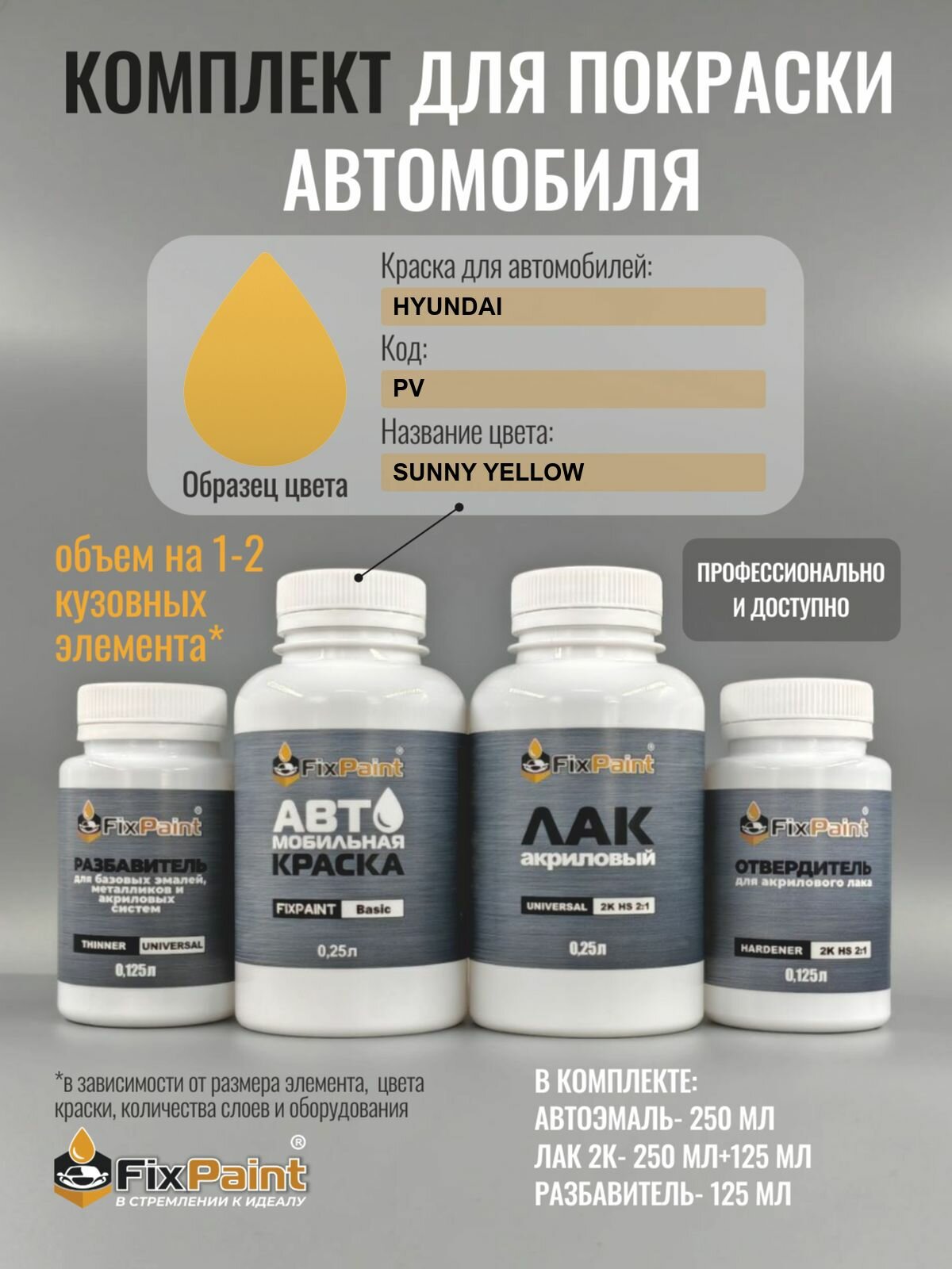 Комплект для покраски HYUNDAI, код PV, SUNNY YELLOW, базовая автомобильная эмаль 250 мл, лак 2K 250 мл с отвердителем, разбавитель 125 мл, FixPaint Pro