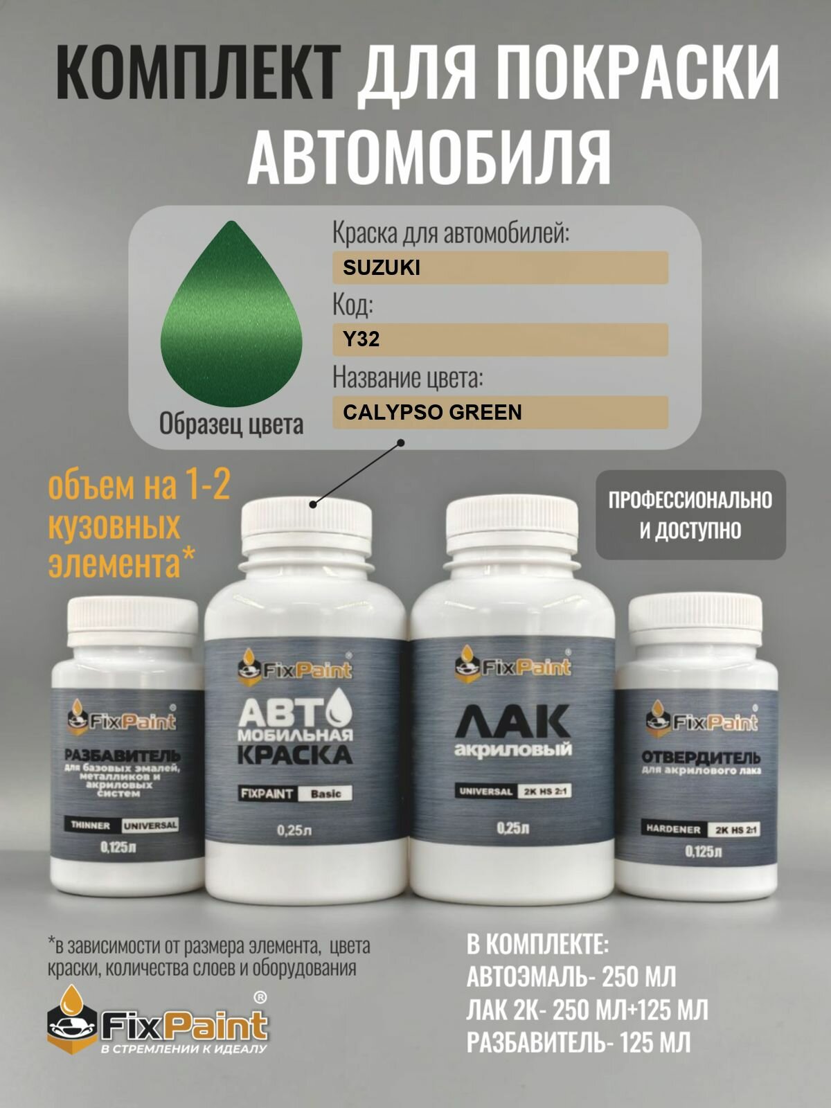 Комплект для покраски SUZUKI, код Y32, CALYPSO GREEN, базовая автомобильная эмаль 250 мл, лак 2K 250 мл с отвердителем, разбавитель 125 мл, FixPaint Pro