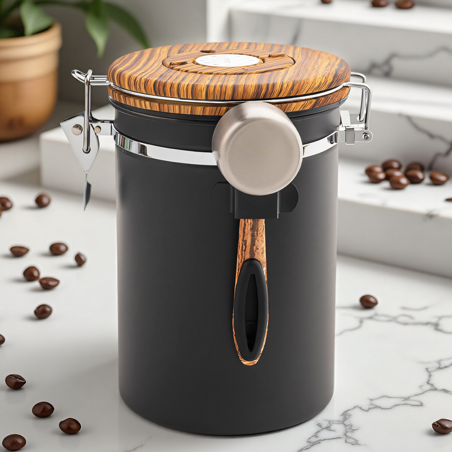Контейнер для хранения кофейных зёрен, нержавеющая сталь, с мерной ложкой, dark grey, Защита от влаги