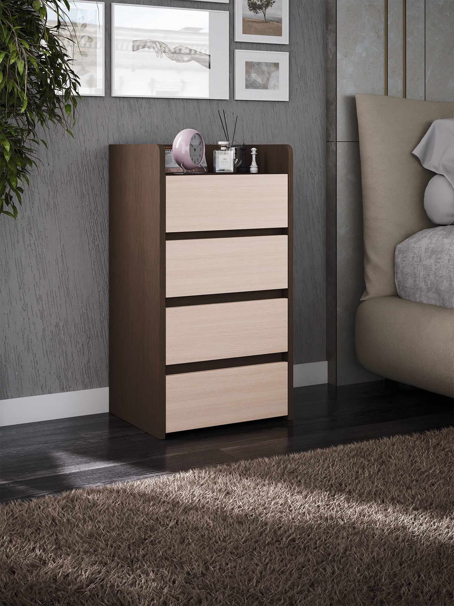 Тумба MFMaster Vitto-155, ЛДСП, венге-дуб молочный, с 4 ящиками, коричневая, универсальная, 40х74,2х32,2 см