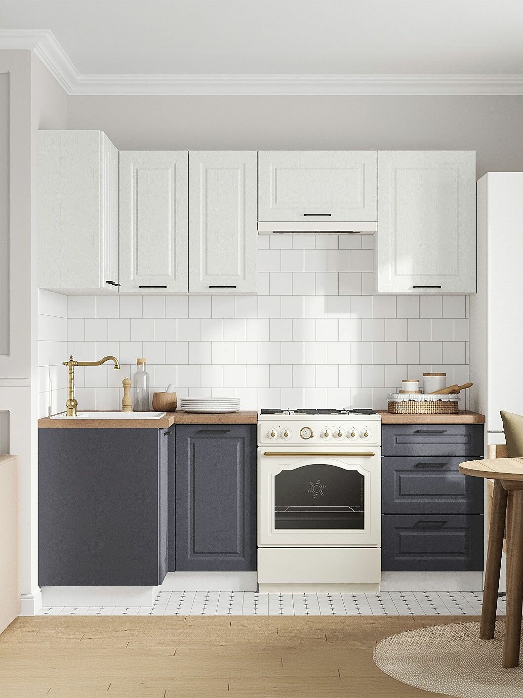 Кухонный гарнитур угловой Шервуд 2.1х1 м, мебель для дома и кухни, Белый / Арктик / Шато индиго