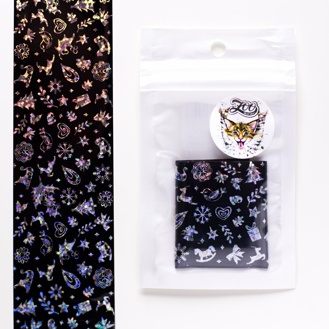 Фольга переводная Zoo Nail Art №1457 новогодняя черная серебро, 4*50 см