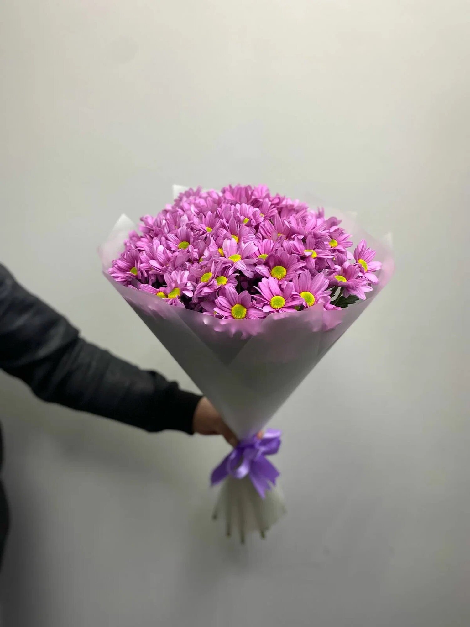 Монобукет, кустовая хризантема, пленка под ленту, цвет розовый, 5 цветов