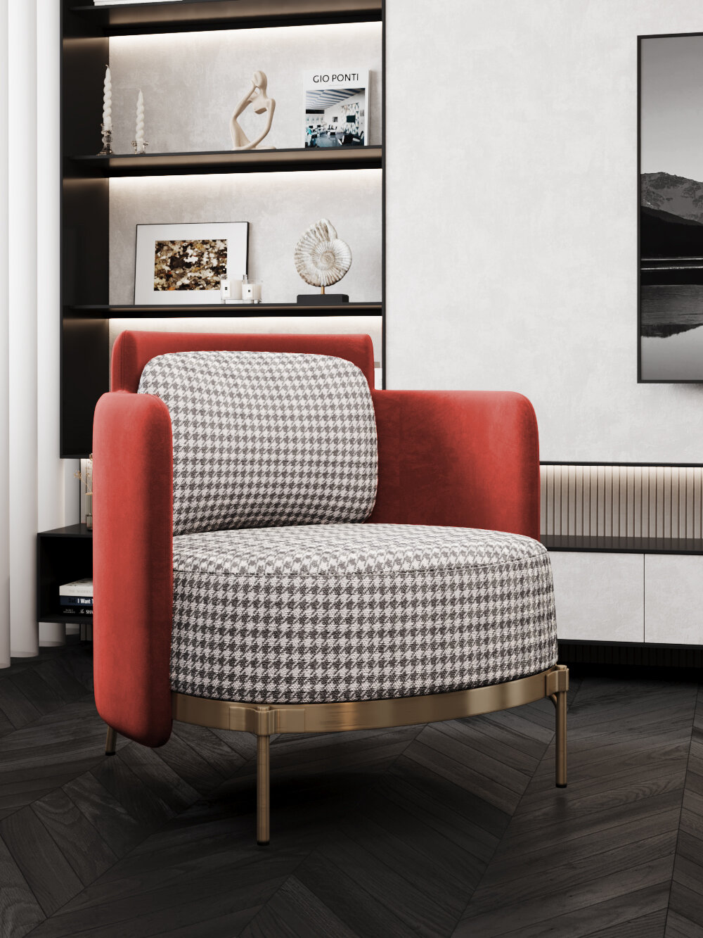 Кресло дизайнерское ROBUSTO GRANDE гусиная лапка и велюр с подлокотниками. Размер 81х42х70х75