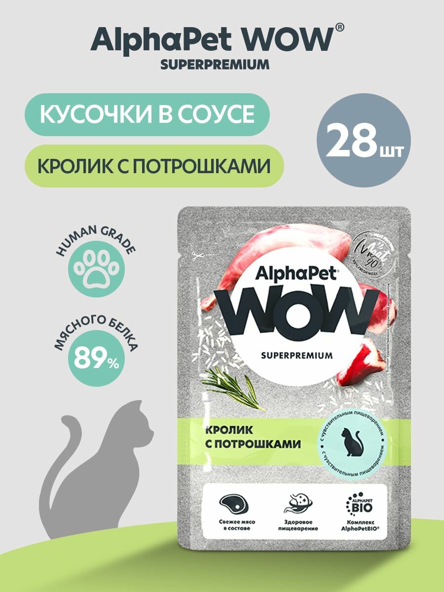 Влажный корм AlphaPet WOW "Кролик с потрошками", для кошек, с чувствительным пищеварением, 85г, 28шт