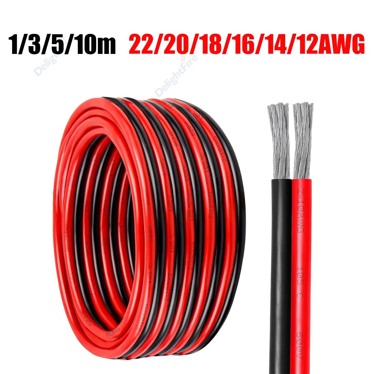 DelightFire Силиконовый кабель 22/20/18/16/14/12AWG 12В красный/черный 20 AWG, 10m