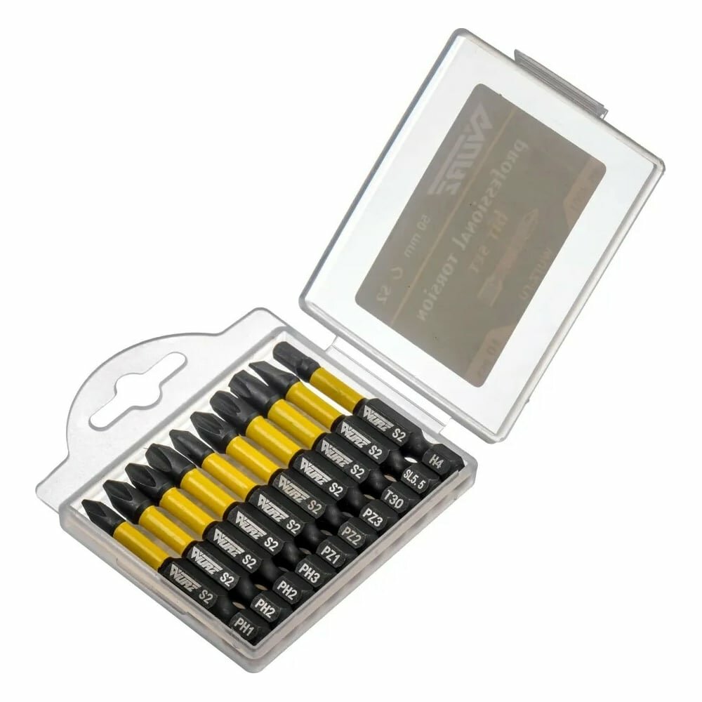 Набор торсионных бит 50 мм, PH1, PH2x2, PH3, PZ1, PZ2, PZ3, T30, SL5.5, H4, 10 шт WURZ 4201